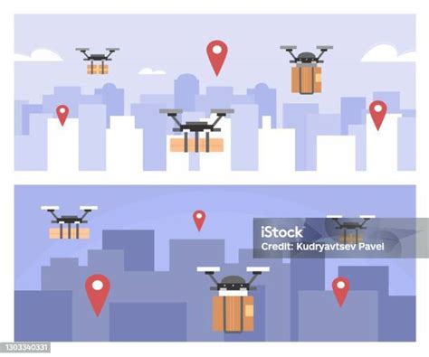 배달 무인 항공기 헬리콥터 만화 벡터 일러스트와 배경의 집합 Multicopter에 대한 스톡 벡터 아트 및 기타 이미지 Multicopter 개체 그룹 교통수단