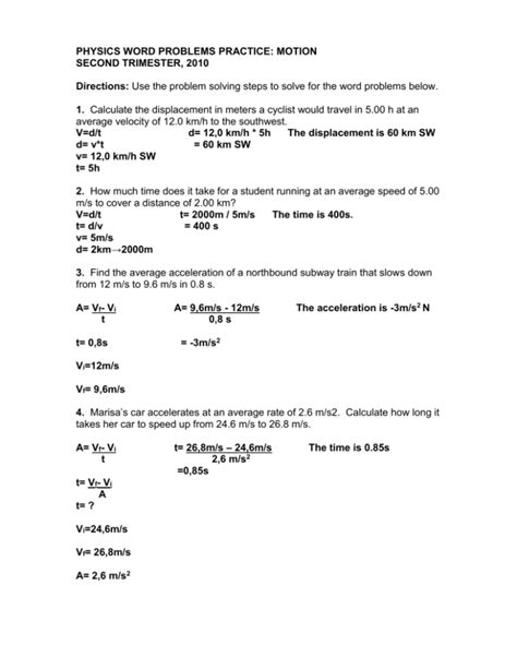 Physics Motion Word Problems Practice High School