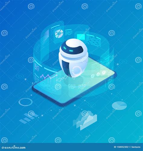 Isometric Robot Bot Operating Virtual Hud Interface Vector Illustration
