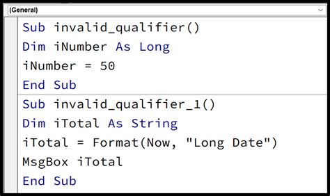 reason for invalid qualifier error in vba