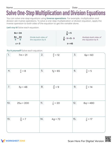 Solve One Step Multiplication And Division Equations Worksheet