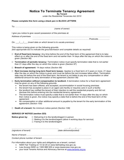 Tenancy Termination Notice Nsw Residential Tenancies Act