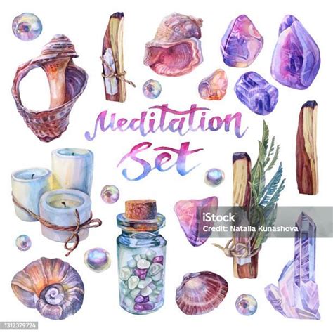 수채화 명상 세트 쉘 팔로 산토 에 붕대 허브 크리스탈 촛불 병 진주 차분한 균형을 유지하십시오 요가 스티커 포장 스케치북 마법을 위한 손으로 그린 보헤미안 오브젝트 가지