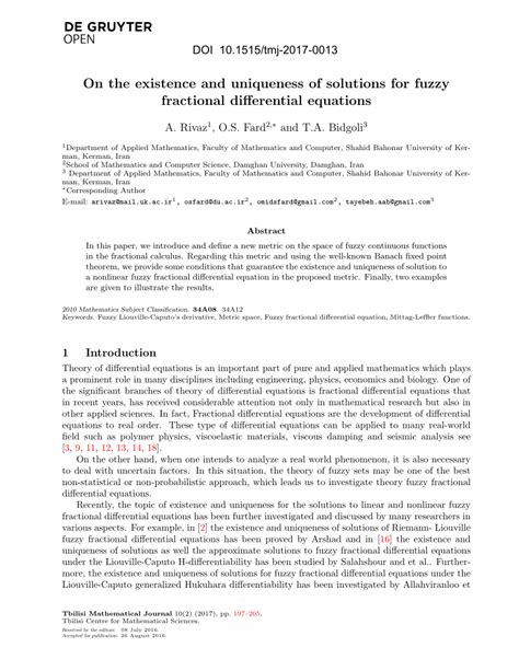 Pdf On The Existence And Uniqueness Of Solutions For Fuzzy Fractional Differential Equations