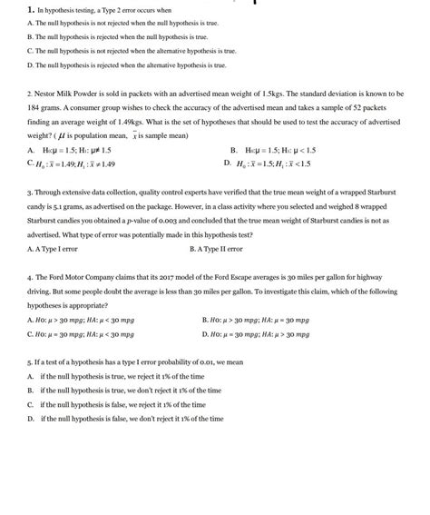 Solved 1 In Hypothesis Testing A Type 2 Error Occurs When