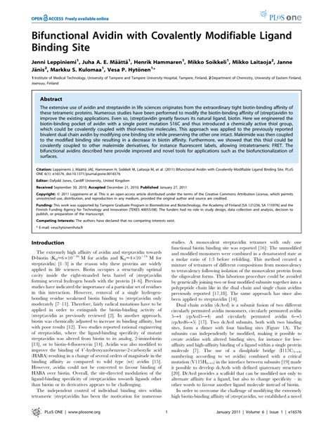 Pdf Bifunctional Avidin With Covalently Modifiable Ligand Binding Site