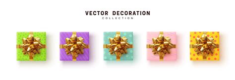 선물 상자 세트 컬렉션 사실적인 선물 선물 패턴 컬러 옐로우 블루 퍼플 핑크래핑 페이퍼 플랫 레이 상단 보기 생일 선물에 대한