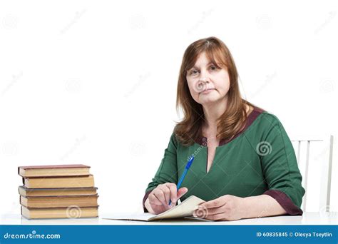Middle Aged Woman Teacher Checks The Notebook Stock Image Image Of