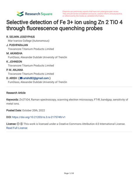 Pdf Selective Detection Of Fe 3 Ion Using Zn 2 Tio 4 Through Fluorescence Quenching Probes