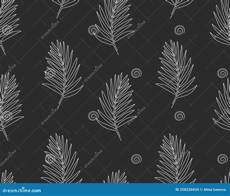Seamless Pattern With Palm Leaves On Black Background Continuous One Line Drawing Palm Leaf