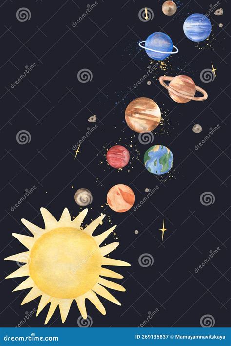 Watercolor Stars Planet Moon Space Illustration Planets Of The