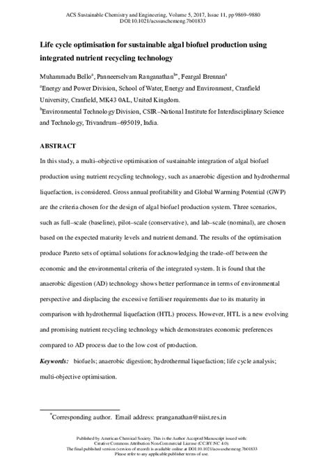Pdf Life Cycle Optimization For Sustainable Algal Biofuel Production Using Integrated Nutrient