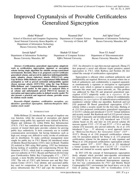Pdf Improved Cryptanalysis Of Provable Certificateless Generalized