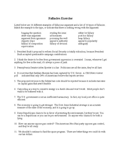 Argumentative Fallacies Activity Fallacies Exercise Listed Below Are 16 Different Examples