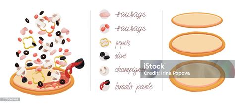 카페 나 레스토랑에 대한 다른 충전과 자신의 피자를 구축 할 수 있습니다 이탈리아 피자와 재료 이탈리아 음식 메뉴 디자인 템플릿입니다 0명에 대한 스톡 벡터 아트 및 기타