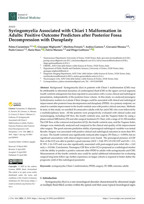 Pdf Syringomyelia Associated With Chiari 1 Malformation In Adults Positive Outcome Predictors