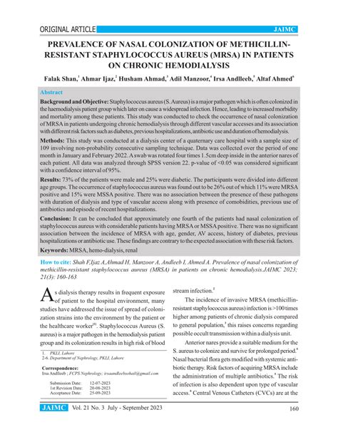 Pdf Prevalence Of Nasal Colonization Of Methicillin Resistant Staphylococcus Aureus Mrsa In