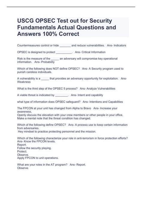 USCG OPSEC Test Out For Security Fundamentals Actual Questions And Answers 100 Correct USCG