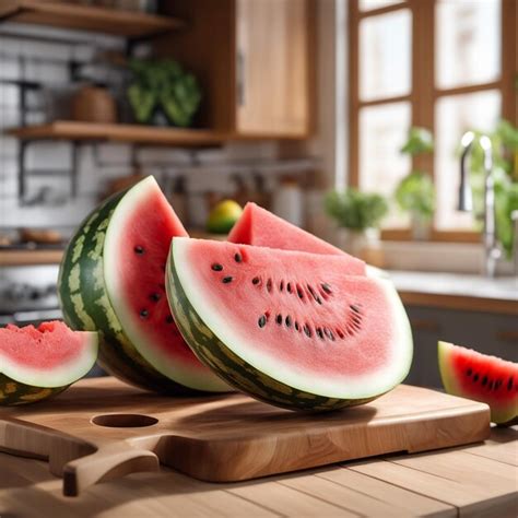Whole Watermelon Slices On A Wooden Cutting Board With Blurred Kitchen