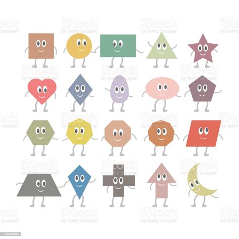 아이들이 유치원 유치원 및 몬테소리 어린이를위한 웃는 얼굴 캐릭터 일러스트레이션으로 기본 수학 교육을 배울 수있는 만화 기하학적 모양 컬렉션 0명에 대한 스톡 벡터 아트 및