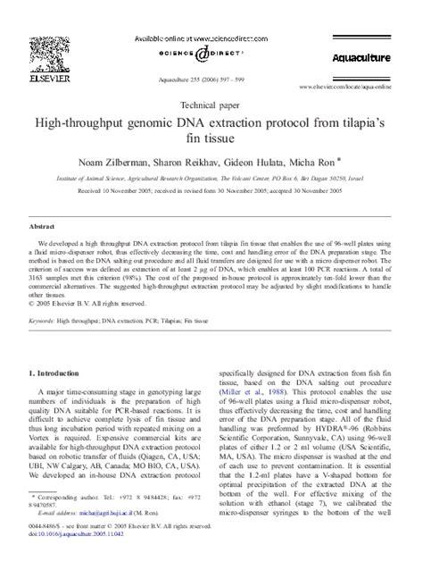 Pdf High Throughput Genomic Dna Extraction Protocol From Tilapias Fin Tissue