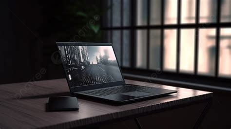 3d 렌더링을 설정하는 전문 사무실의 매끄러운 검정 책상에 있는 현대적인 노트북 노트북 키보드 노트북 컴퓨터 Pc 모니터 배경 일러스트 및 사진 무료 다운로드