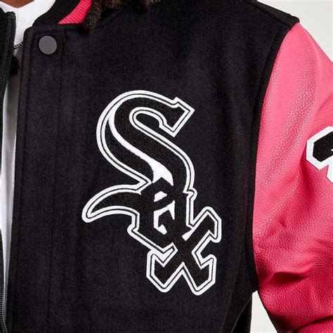Full Snap Wool Leather Mash Up Chicago White Sox Pink And Black Varsity Jacket
