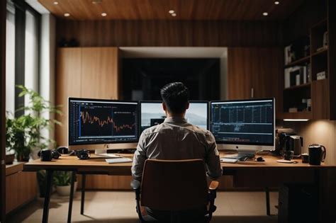 Premium AI Image Wide Angle Back View At Man Using Computer At Home Office With Modern Tech