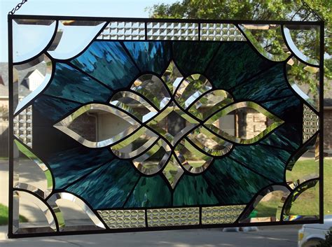 Large Beveled Stained Glass Window Panel With Cobalt Blue Delphi