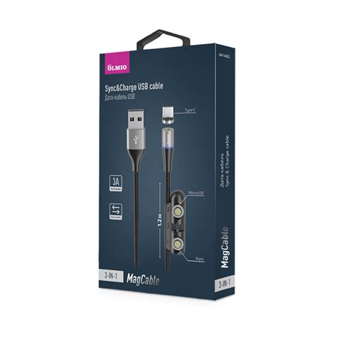 Кабель Olmio Magcable Usb 2 0 3 в 1 Microusb Type C Lightning 3a магнитный штекер черный 1 2 м