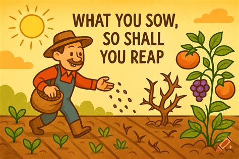 Cartoon Illustration Of A Farmer Sowing Seeds In A Sunny Field With
