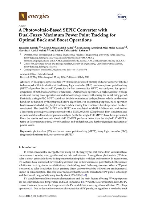 Pdf A Photovoltaic Based Sepic Converter With Dual Fuzzy Maximum Power Point Tracking For