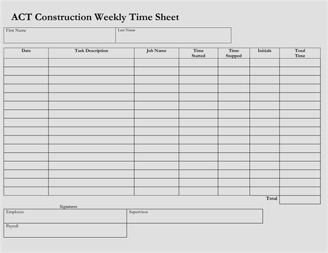 Printable Construction Weekly Timesheet Template