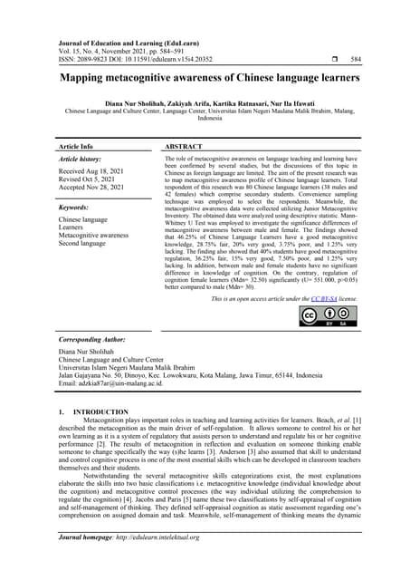 Mapping Metacognitive Awareness Of Chinese Language Learners Pdf