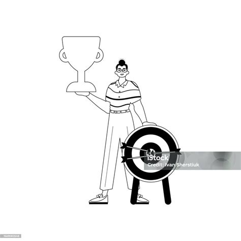남자가 컵을 들고 있다 승리의 고향 전체 어둡고 희게 선형 방식 트렌디한 스타일 벡터 일러스트레이션 3차원 형태에 대한 스톡
