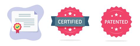 인증 품질 아이콘 벡터 로고 특허 씰 고무 스탬프 인증서 졸업장 용지 문서 플랫 스티커 라벨 라이센스 또는 라이센스 보증 스타 보상 공인 법적 리본 엠블럼 디자인 검사