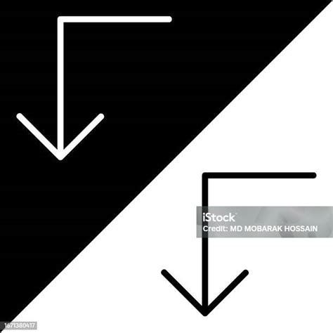 왼쪽 아래쪽 화살표 벡터 아이콘 직선 스타일 아이콘 화살표 갈매기 모양 및 방향 아이콘 모음 흑백 배경에 고립되어 있습니다 벡터에 대한 스톡 벡터 아트 및 기타 이미지