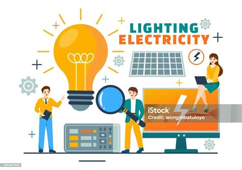 조명 및 전기 벡터 일러스트 레이 션 램프 및 에너지 유지 보수 서비스 패널 캐비닛 기술자 전기 작업 평면 배경 건설 산업에