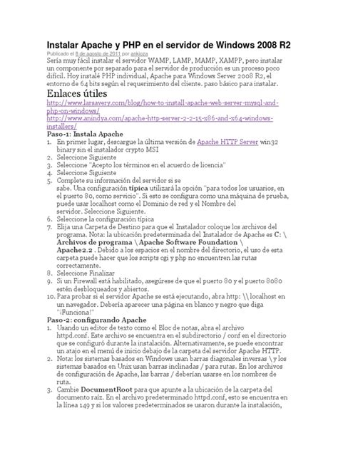 Instalar Apache Y Php En El Servidor De Windows 2008 R2 Pdf Servidor Apache Php
