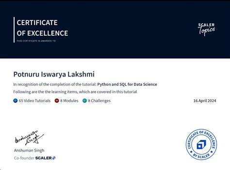 Completed Python And Sql Course With Scaler Topics Potnuru Iswarya Lakshmi Posted On The Topic