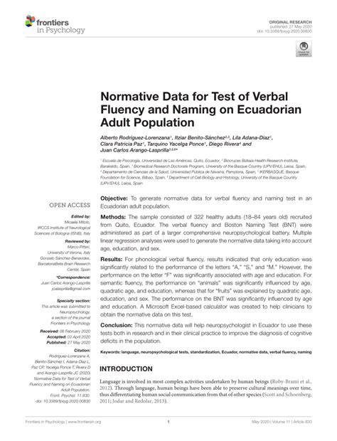 Pdf Normative Data For Test Of Verbal Fluency And Naming On