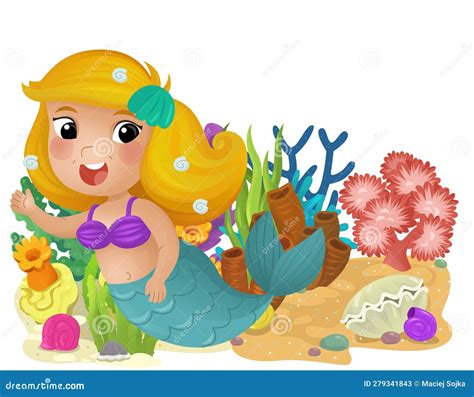 Cartoon Scene With Coral Reef With Swimming Happy Mermaid Girl Isolated