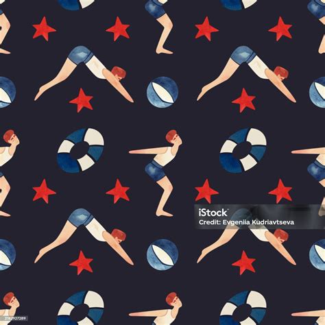 운동선수 흰색 티셔츠와 파란색 수영복을 입은 남자가 구명조끼와 불가사리에 둘러싸여 물 속으로 뛰어듭니다 완벽 한 수채화 패턴 손으로 그린 그림 빈티지 스타일 검은색 배경