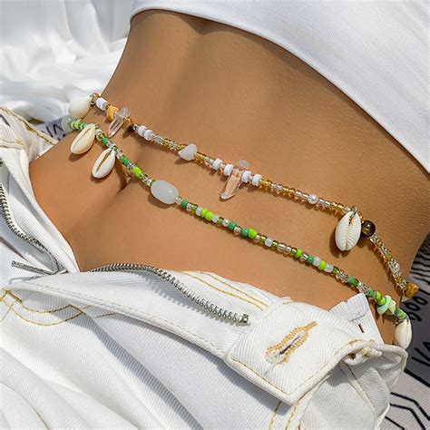 2pcsset Bohemian Beaded Waist Chain Creative Shell Natural Stone