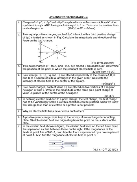Assignment Electrostatics 4 Electric Field Pdf