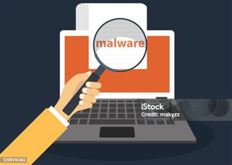 랩톱에 맬웨어가 있는 문서를 작성합니다 바이러스 불법 복제 해킹 및 보안의 개념 전자 메일 보호 맬웨어 방지 소프트웨어의 웹 사이트 배너 플랫 벡터 그림입니다 스파이웨어에