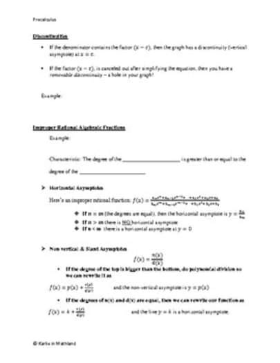 Rational Functions Asymptotes And Discontinuities Notes By Karlie In