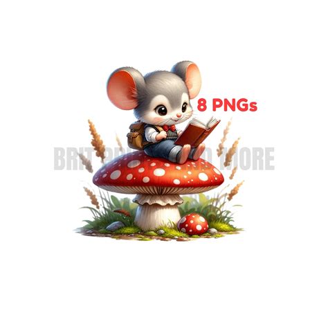Set Of 8 Cute Toadstool Mice Png Cute Book Mice Gnome Clip Art Mouse