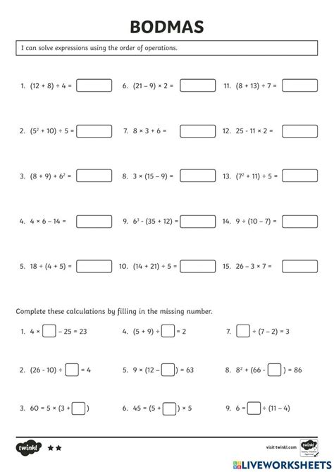 Bodmas Worksheet 1 Online Exercise For Live Worksheets