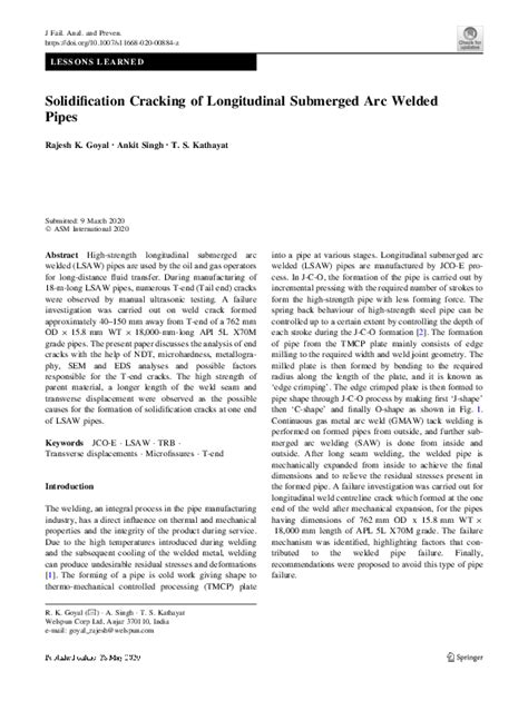 Pdf Solidification Cracking Of Longitudinal Submerged Arc Welded Pipes